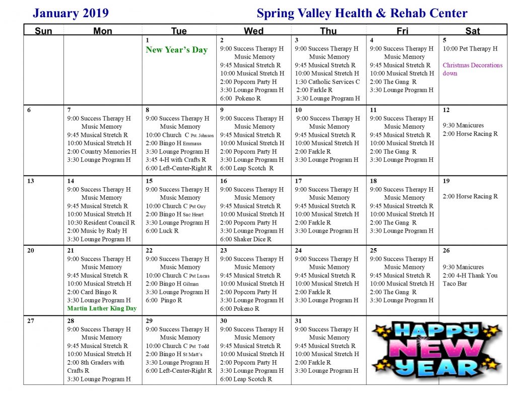 January Activity Calendar Spring Valley Senior Living And Health Care