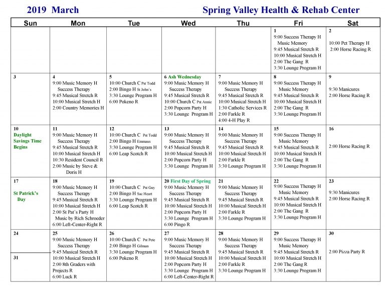 March Activity Calendar - Spring Valley Senior Living and Health Care ...